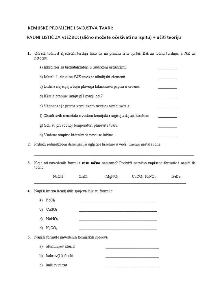 Priprema Za Ispit - Kemijske Promjene I Svojstva Tvari | PDF