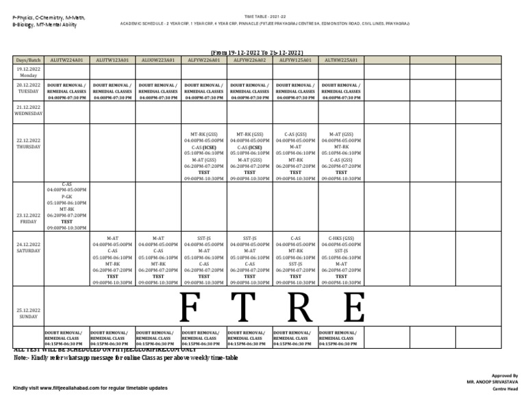 Time Table For 2022-23 Junior Batch PDF | PDF