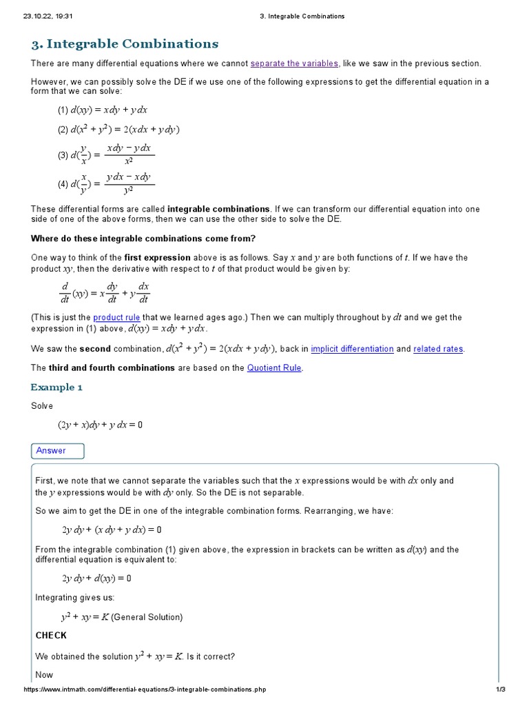 Integrable Combinations | PDF | Integral | Derivative