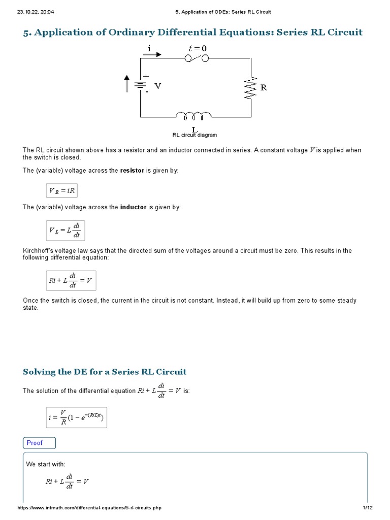 Application of ODEs - Series RL Circuit | PDF | Electrical Network ...