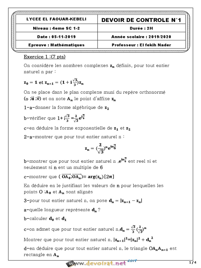 Devoir de Contrôle Math 1 Bac Science | PDF | Nombre complexe | Asymptote