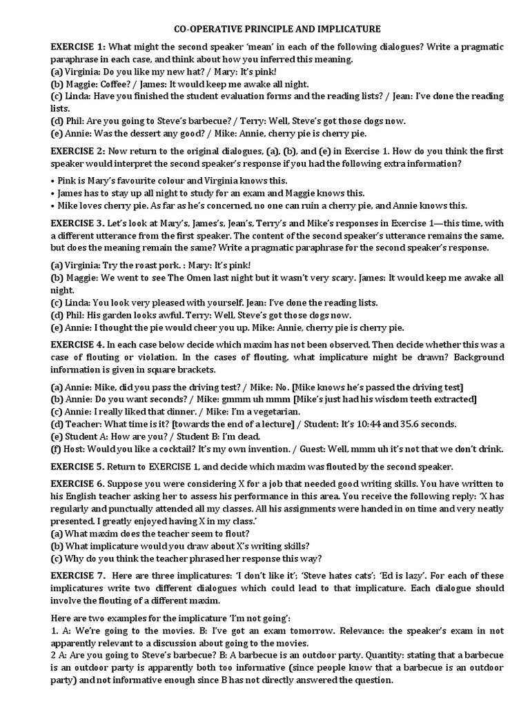 Implicature Exercises and Analysis | PDF | Cognitive Science | Cognition