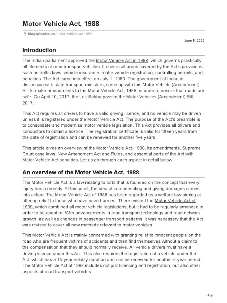 Blog - Ipleaders.in-Motor Vehicle Act 1988 | PDF | Driver's License | Vehicle Insurance