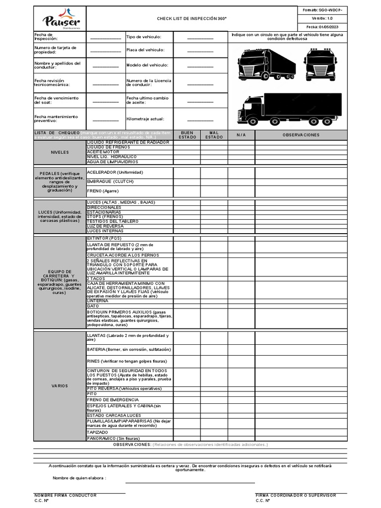 Hoja de Inspección 360° de Vehículos | PDF | Transporte | Tecnologías ...