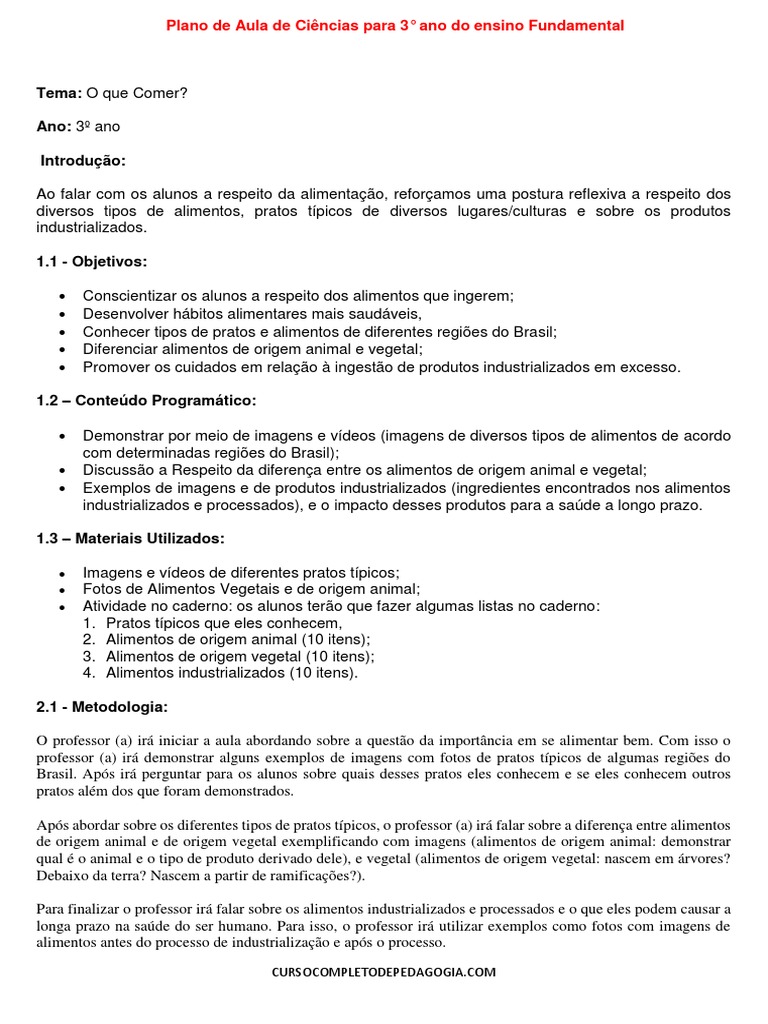 Plano de Aula de Ciencias para 3° Ano Do Ensino Fundamental | PDF | Alimentos | Plantas