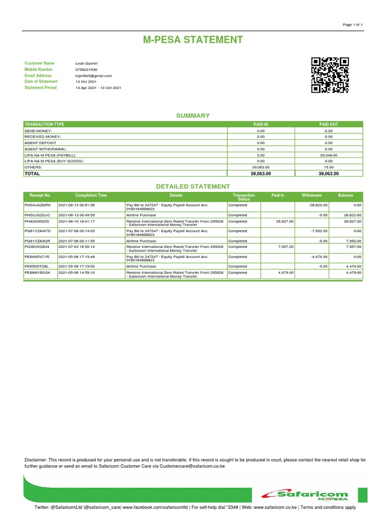 MPESA Statement 20210413 To 20211013 254758221536-Unlocked PDF | PDF ...