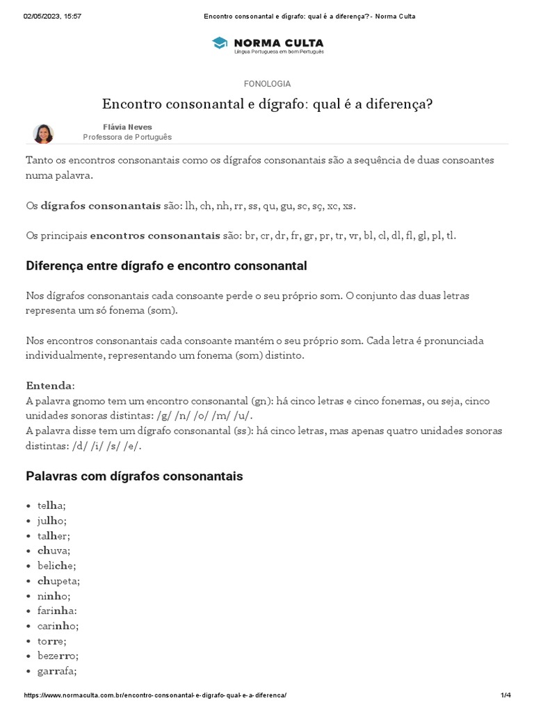 Encontro Consonantal e Dígrafo | PDF | Vogal | Ortografia