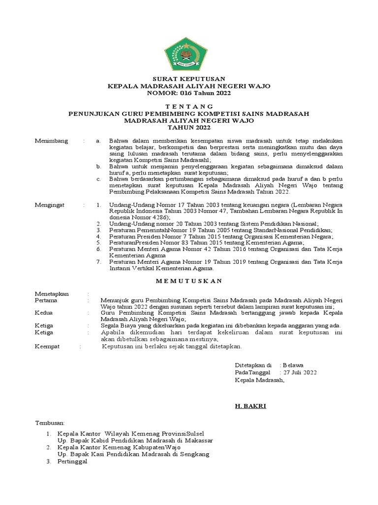 SK - Pembimbing Olimpiade KSM Tahun 2022 | PDF