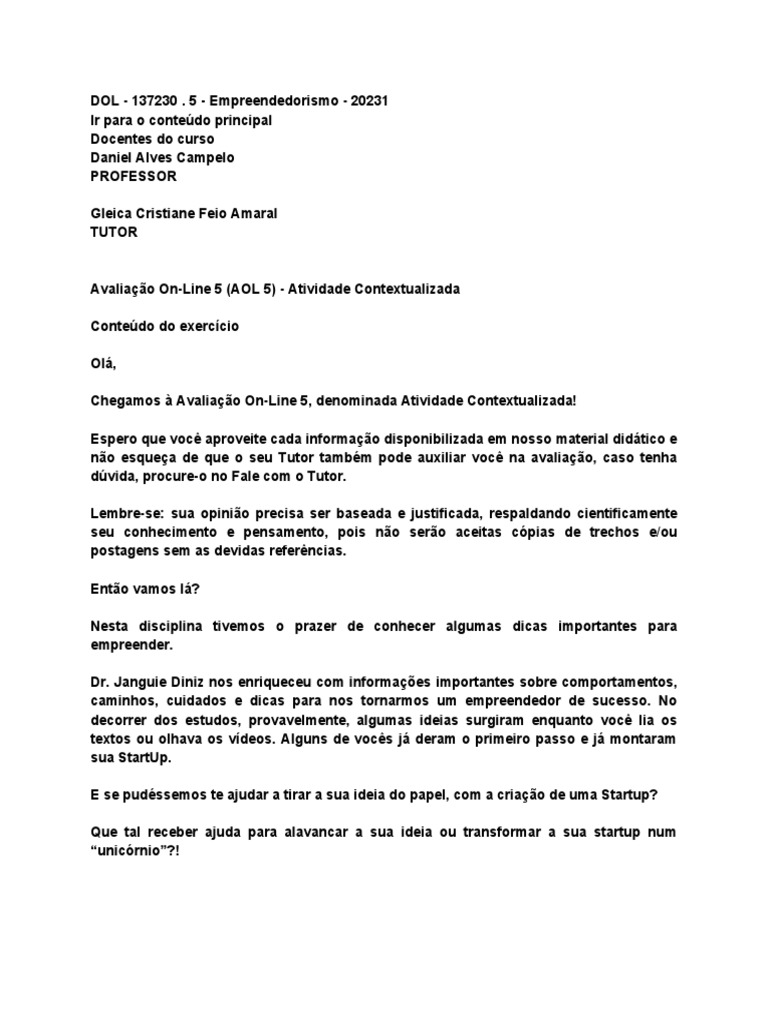 Avaliação On-Line 5 (AOL 5) - Atividade Contextualizada | PDF | Mercado ...