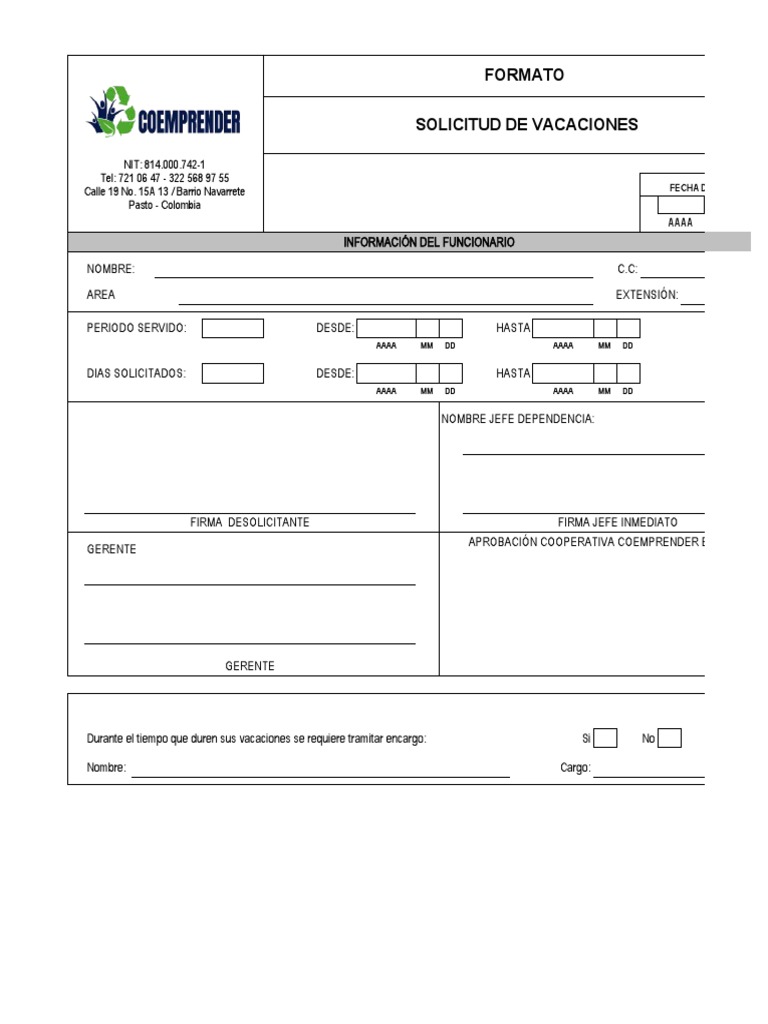 Formato-Solicitud-de-vacaciones-V1.xls | PDF