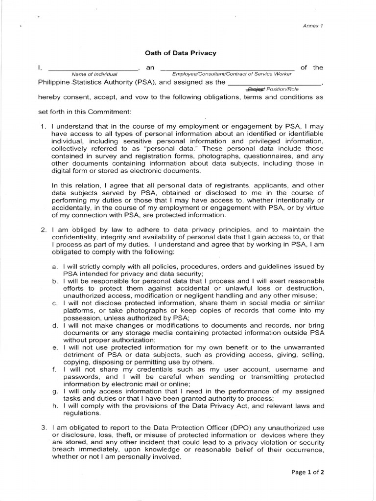 PSA Data Privacy Oath Commitment | PDF | Privacy | Information