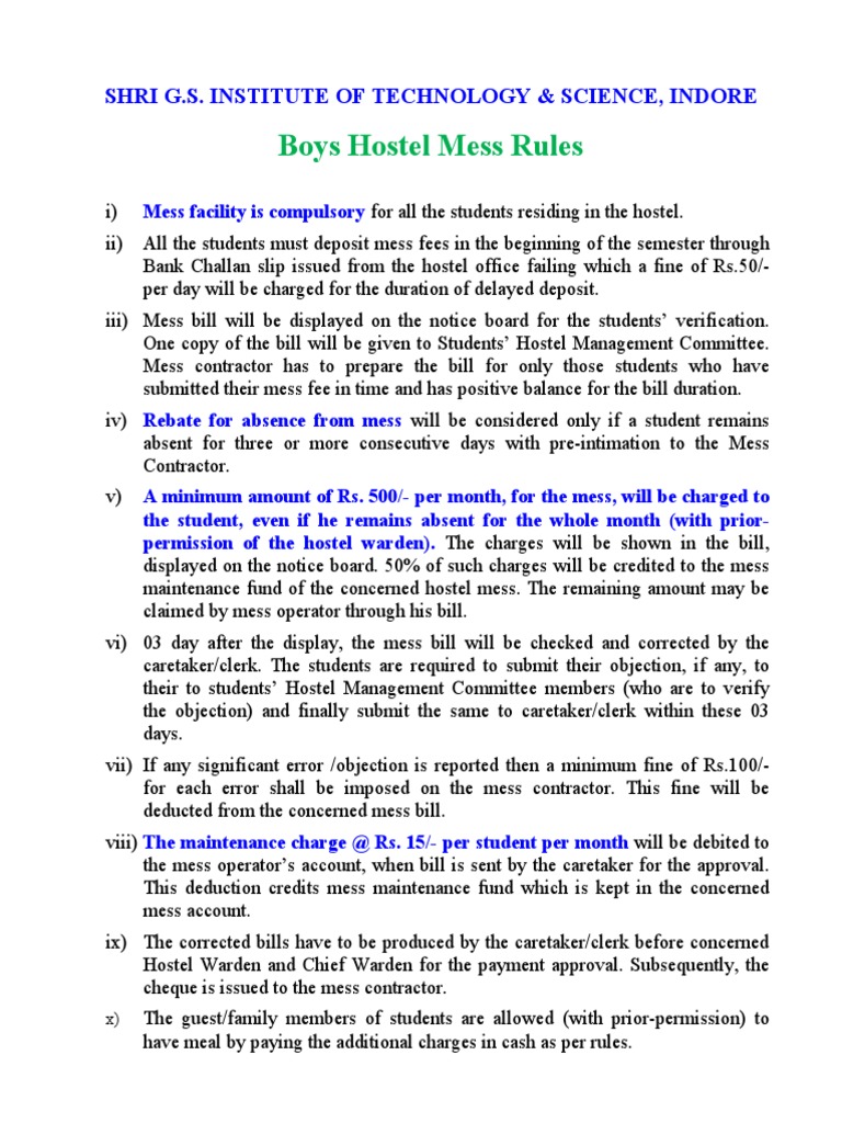 Boys Hostel Mess Rules | PDF | Payments | Cheque