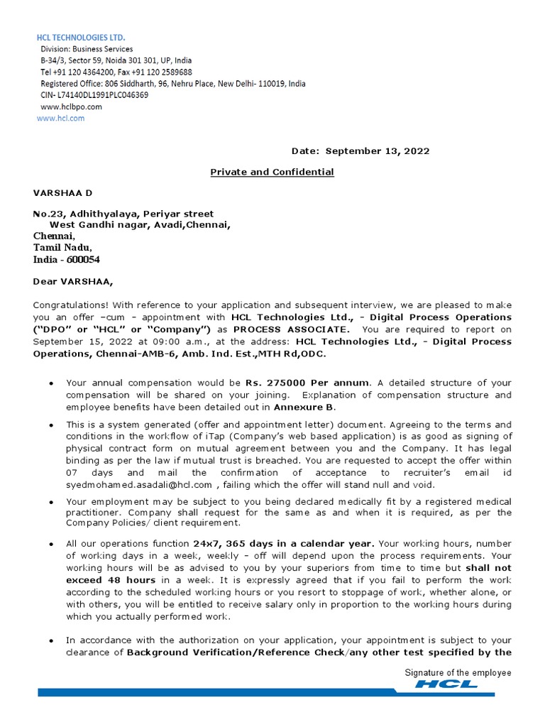 HCL Technologies Job Offer Letter | PDF | Employment | Business