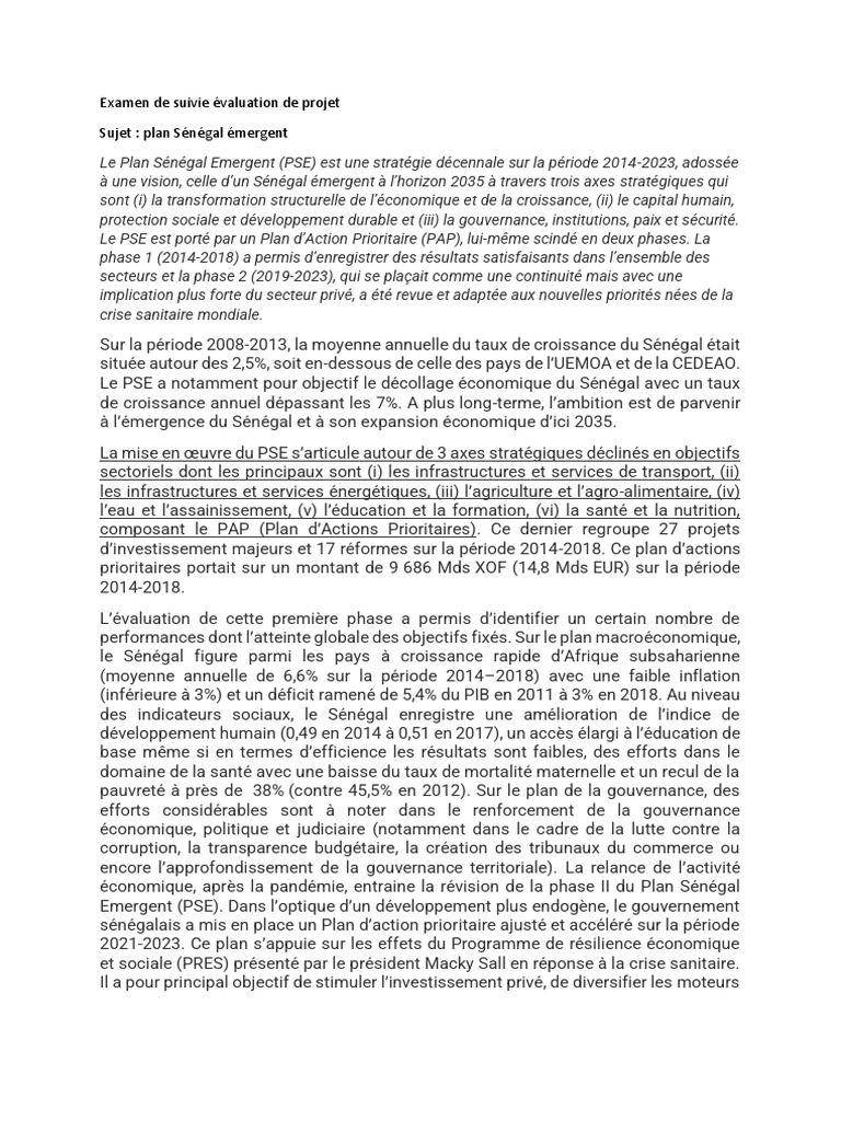 Suivi du Plan Sénégal Émergent 2023 | PDF | Petite ou moyenne ...