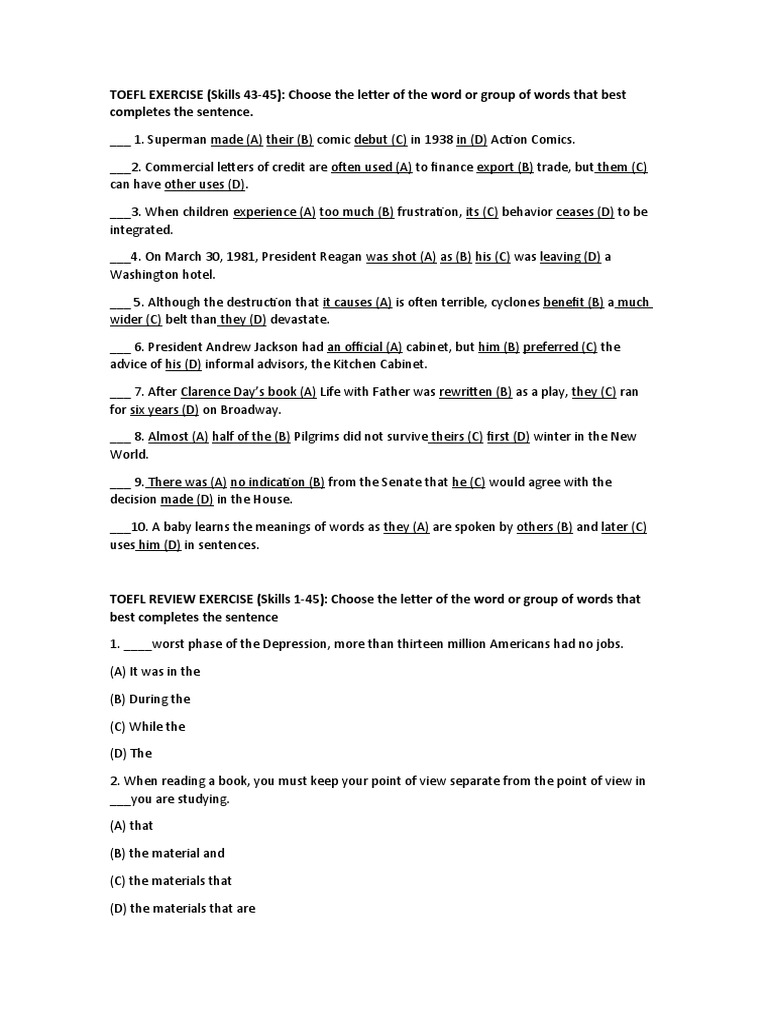 TOEFL EXERCISES STRUCTURE 43-45 | PDF | Stress (Linguistics)