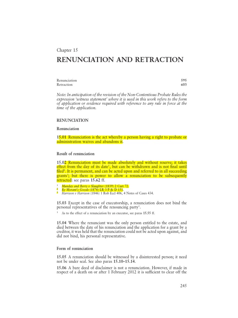 Chap 15 (Renunciation and Retraction) | PDF | Probate | Will And Testament
