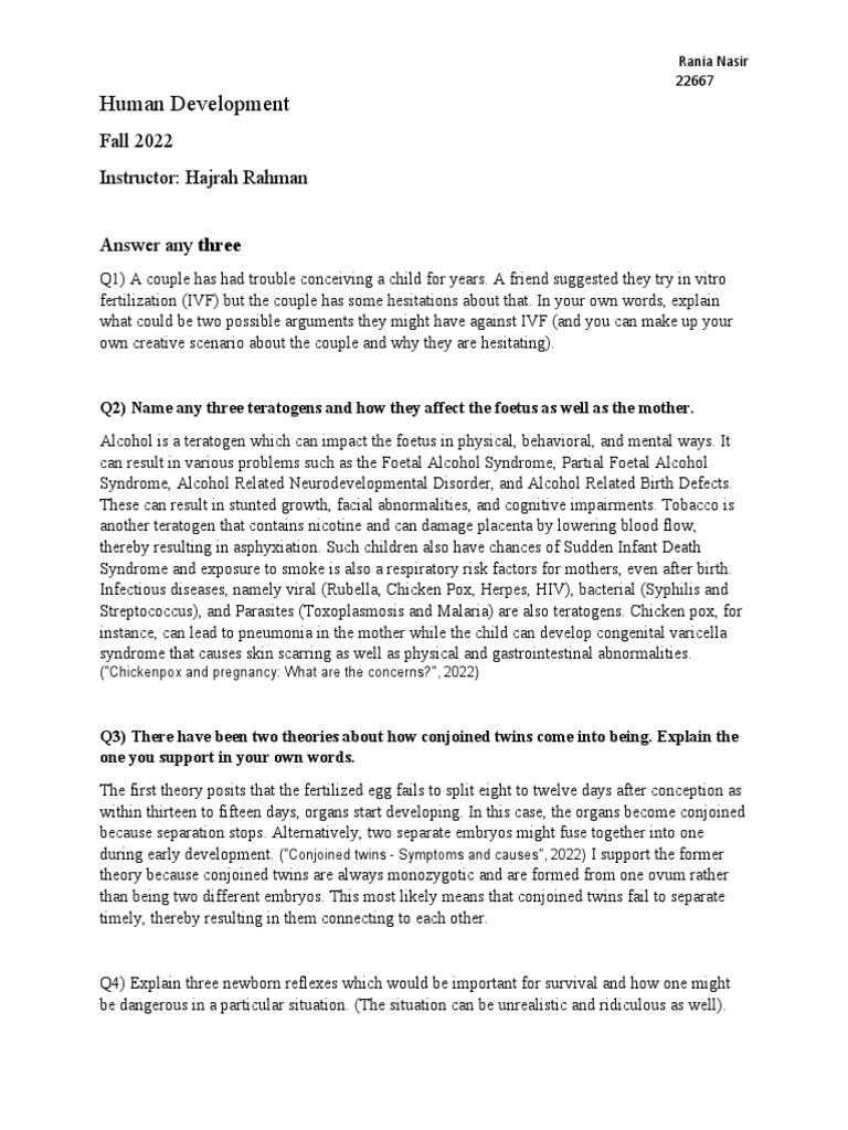 Rania Nasir 22667 Human Development Assignment 1 | PDF | Fetus | Twin