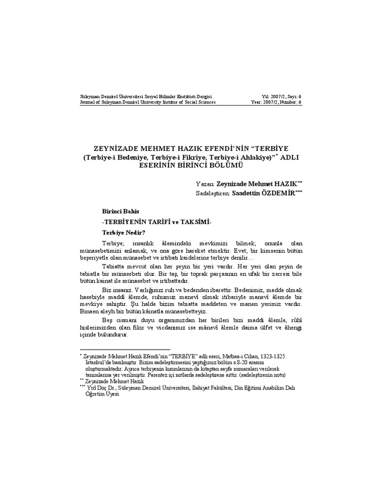ZEYNİZADE MEHMET HAZIK EFENDİ'NİN "TERBİYE (Terbiye-I Bedeniye, Terbiye-I Fikriye, Terbiye-I ...