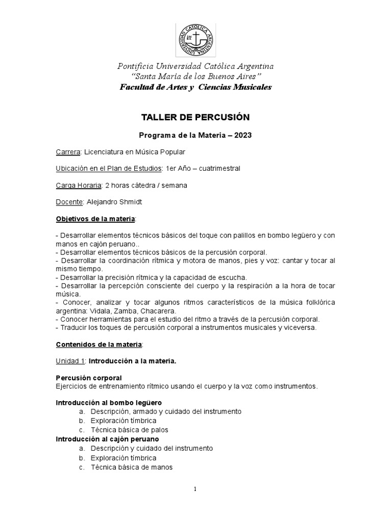 Programa 2023 Taller de Percusion PDF | PDF | Ritmo | Instrumentos musicales