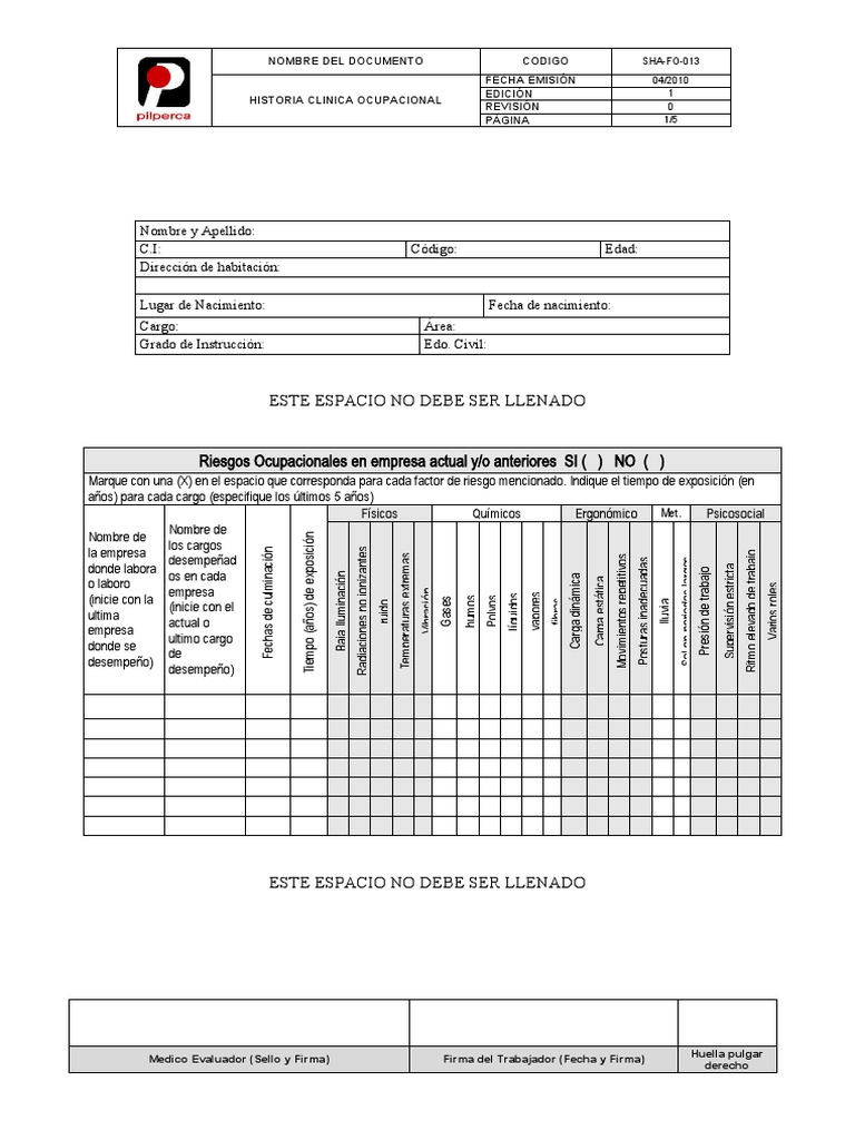 SHA-FO-013 Historia Clinica Ocupacional | PDF | Historial médico | Medicina CLINICA