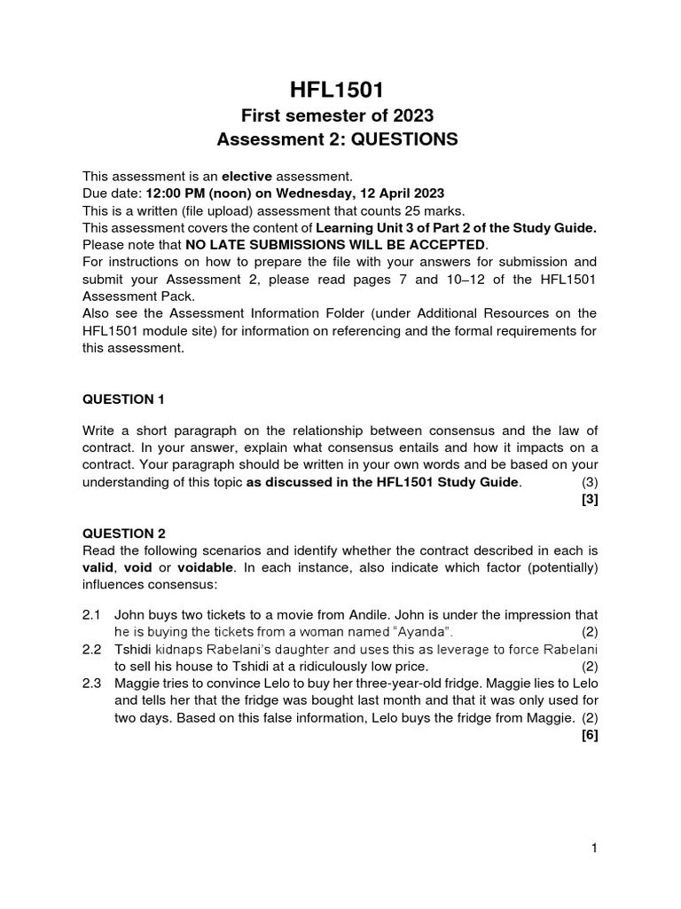 HFL1501 Assessment 2 QUESTIONS 2023 - Sem 1 | PDF | Economies | Civil Law (Legal System)