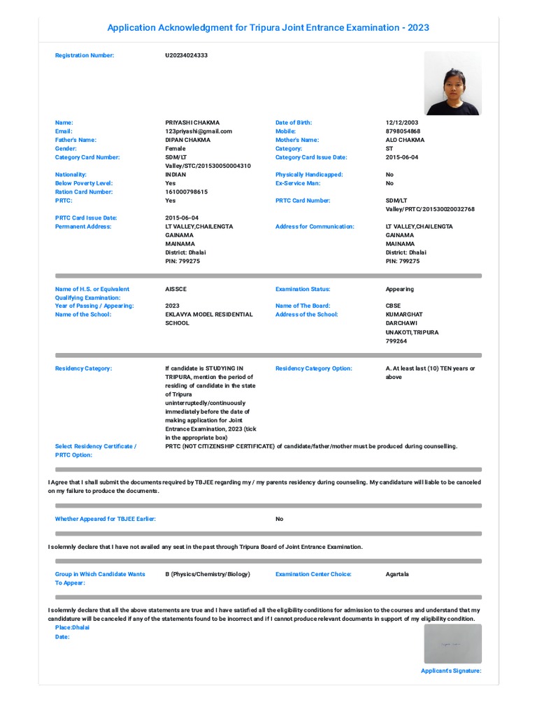 TBJEE - Application Acknowledgment PDF | PDF | Justice | Crime & Violence