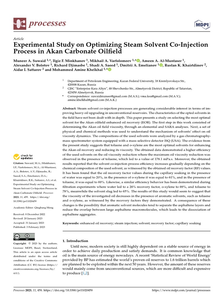 Processes 11 00459 | PDF | Enhanced Oil Recovery | Solvation