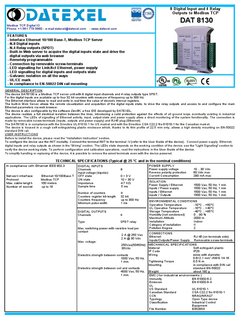 Modbus TCP Digital Io Dat8130 | PDF | Power Supply | Alternating Current