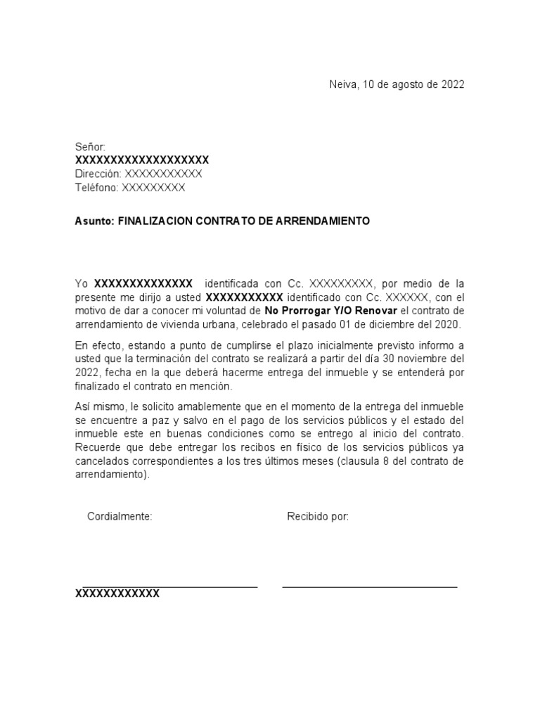 Finalización contrato arrendamiento | PDF Finalización contrato arrendamiento | PDF