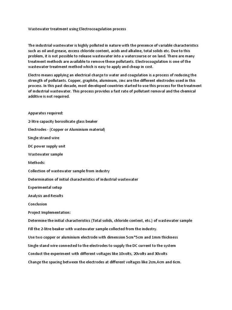 Wastewater Treatment Using Electrocoagulation Process | PDF