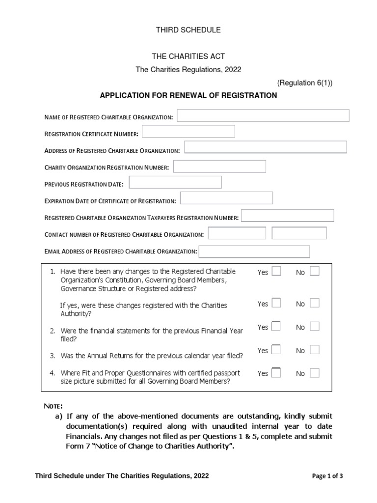 Application for the Renewal of Charities Registration - 3rd Schedule | PDF | Charitable ...