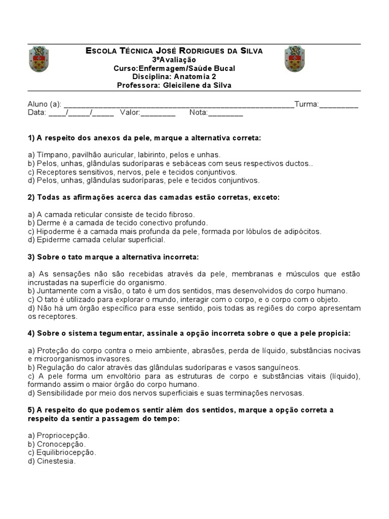 Prova Final de Anatomia 2 | PDF | Pele | Corpo humano
