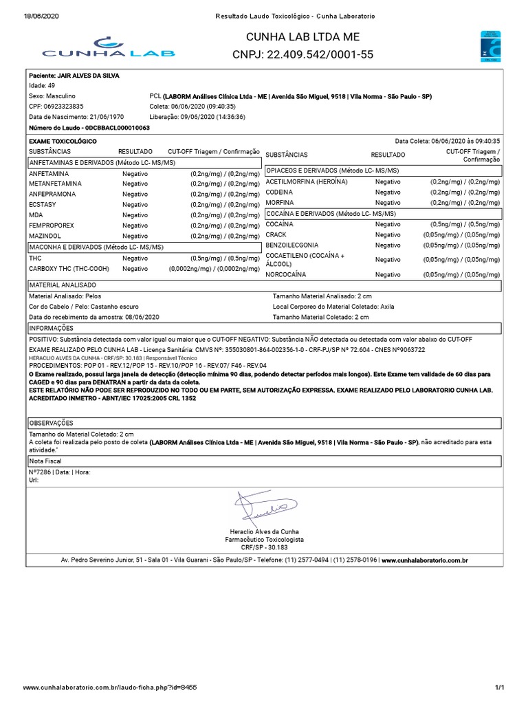Resultado Laudo Toxicológico - Cunha Laboratorio | PDF | Medicina ...
