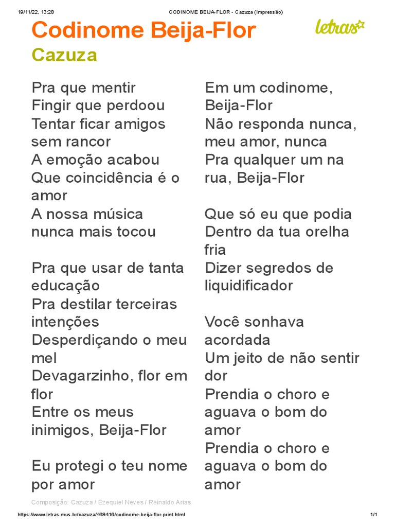 CODINOME BEIJA-FLOR - Cazuza PDF | PDF