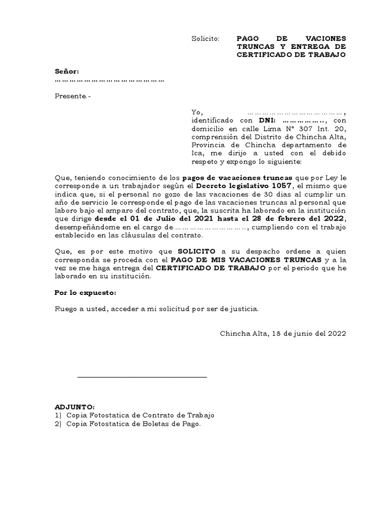 Carta de Pago de Vacaciones Truncas | PDF Carta de Pago de Vacaciones Truncas | PDF