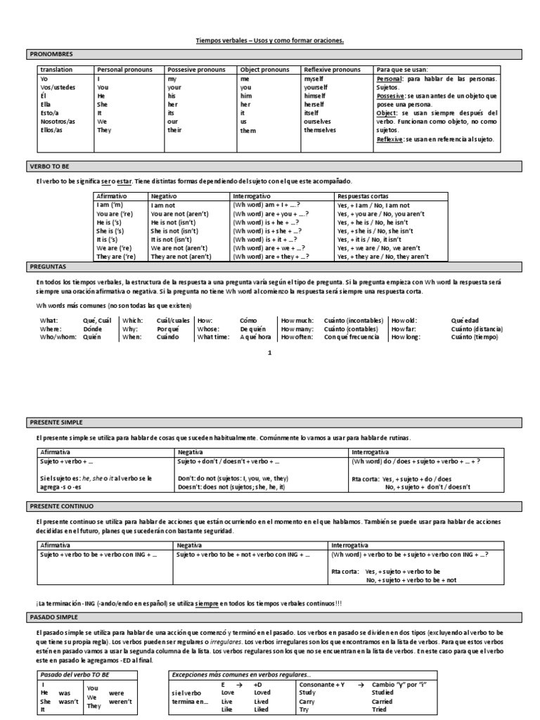 Tiempos Verbales | PDF | Asunto (gramática) | Verbo