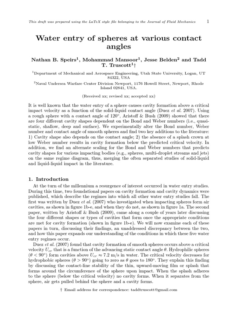 Water Entry of Spheres at Various Contact Angles | PDF | Wetting | Angle