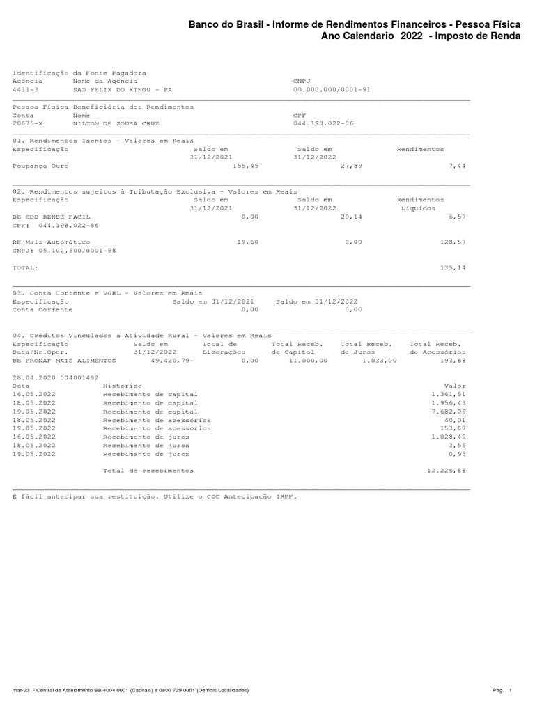 Informe de Rendimentos Financeiros do Banco do Brasil para o ano de ...