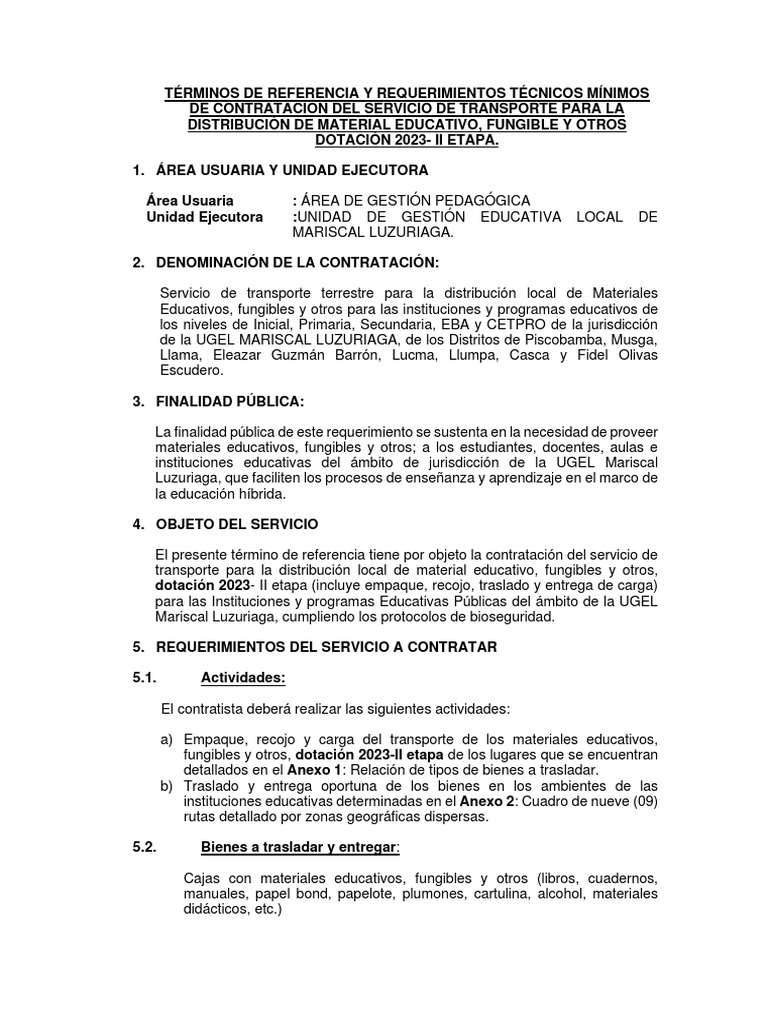 TDR Y REQUERIMIENTOS T - CNICOS M - NIMOS - 2023 - FINAL PDF | Descargar gratis PDF | Transporte ...