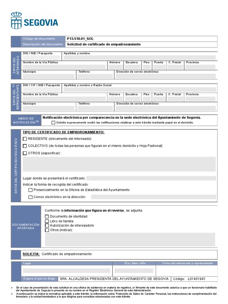 P13.510.01 - SOL Solicitud de Certificado de Empadronamiento: Código de Documento Descripción ...