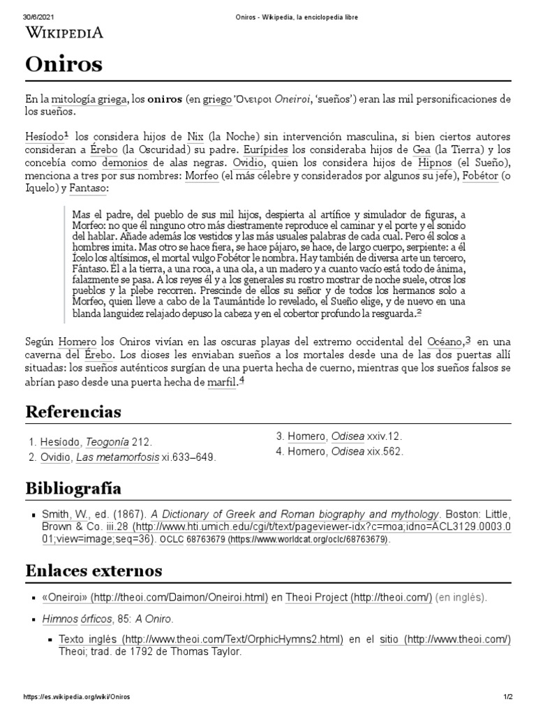 Oniros | PDF | Mitología griega | Deidades griegas