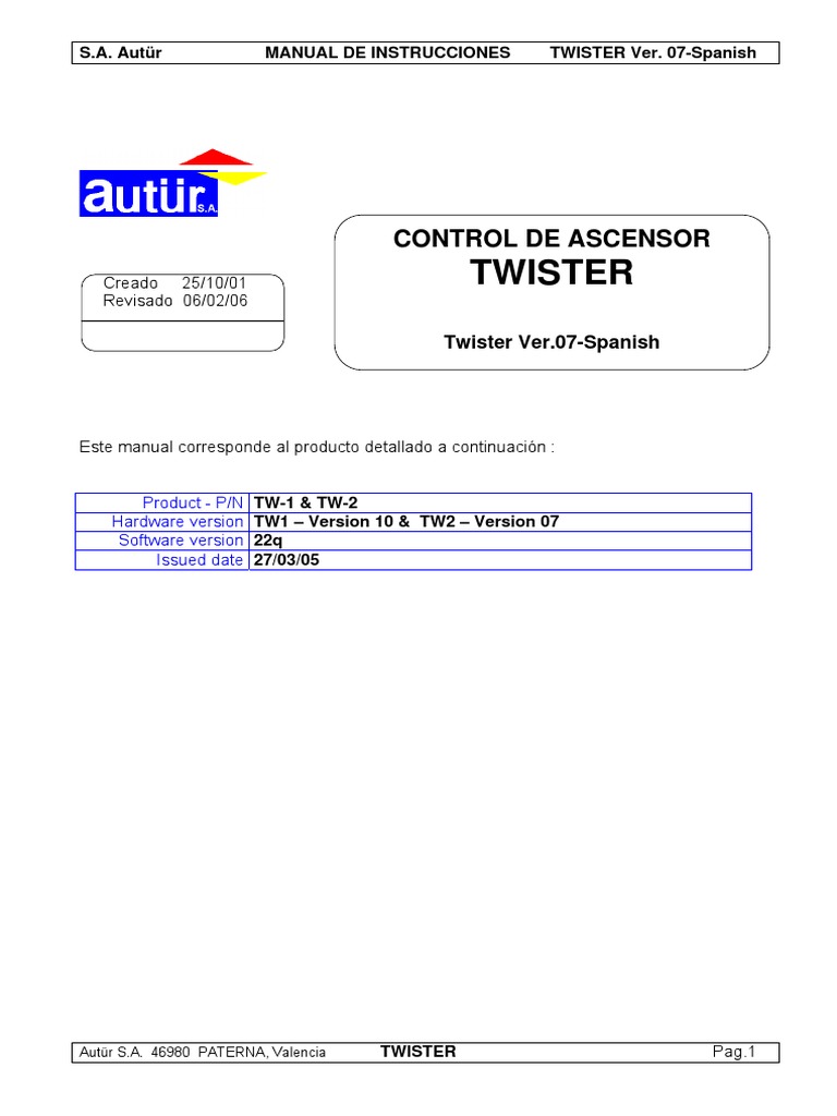 AUTUR TWISTER-V.07-Spanish PDF | PDF | Ascensor | Relé