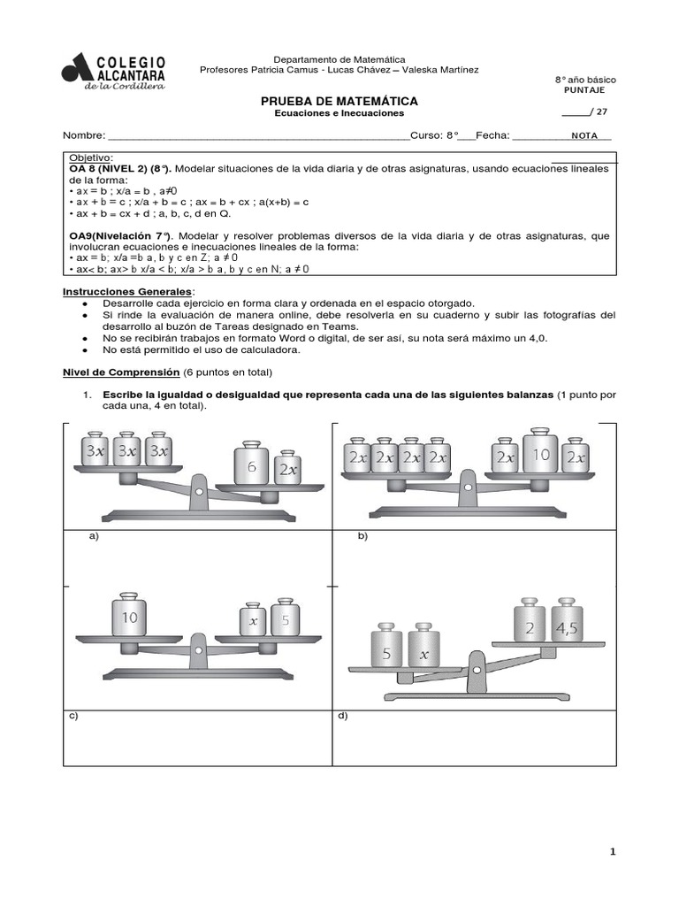 Prueba 8° Basico Ecuaciones e Inecuaciones | PDF | Ecuaciones | Matemáticas