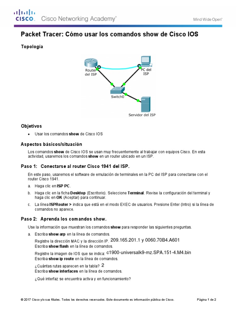 8.4.1.3 Packet Tracer - Using The Cisco IOS Show Commands JUAN ROSALES PDF | PDF | Transmisión ...