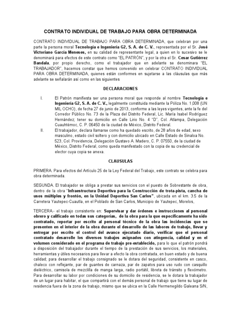 Contrato Individual de Trabajo para Obra Determinada | PDF | Salario