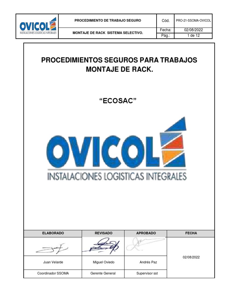 Procedimiento Seguro Montaje de Racks | PDF | Residuos | Máquina elevadora