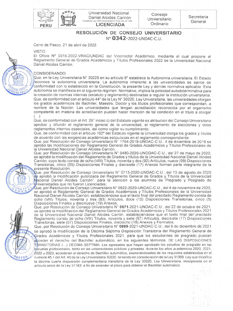 REGLAMENTO DE GRADOS Y TITULOS VIGENTE MEDIANTE Resolución C.U. #0342-2022 | PDF
