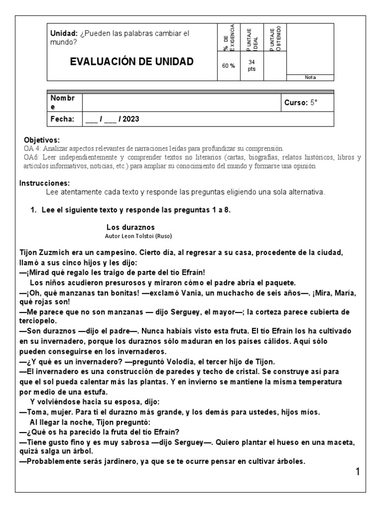 Evaluación Intermedia 1 Lenguaje | PDF | Invernadero
