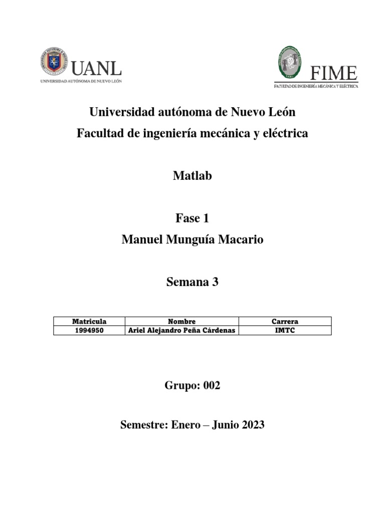 Week 3 Matlab - 1994950 - 002 PDF | PDF
