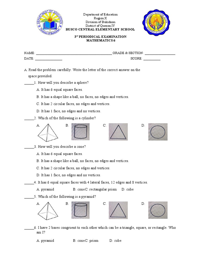 Third Periodical Examination Mathematics Pdf Shape Length